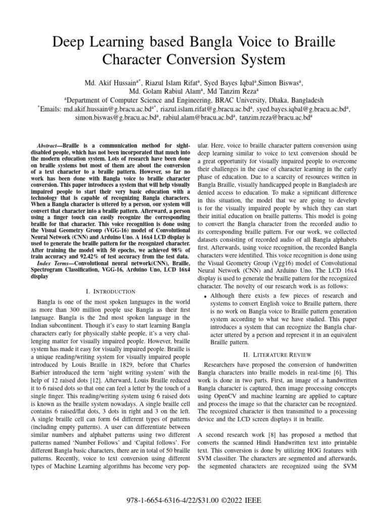 Deep Learning Based Bangla Voice To Braille Character Conversion System | PDF