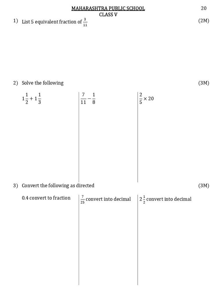 Class V Math Worksheet: Fractions & Angles | PDF