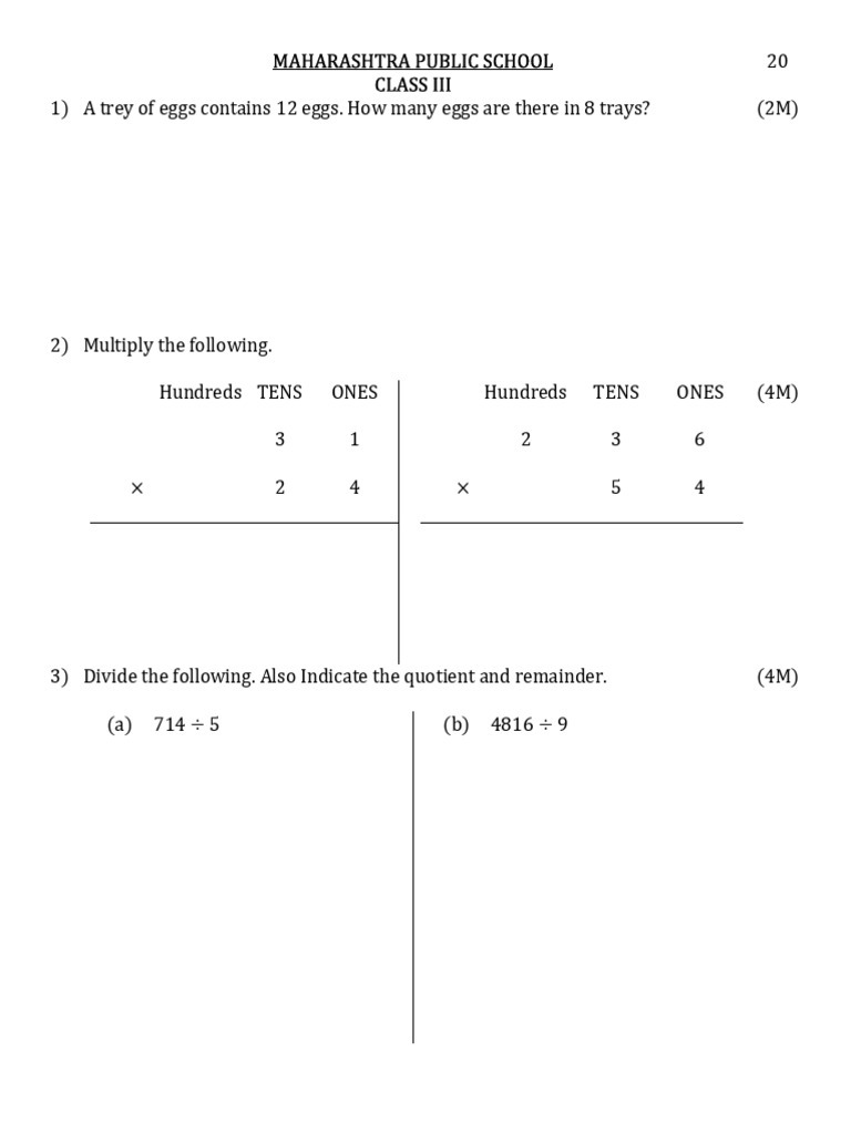 Class III Math Worksheet | PDF