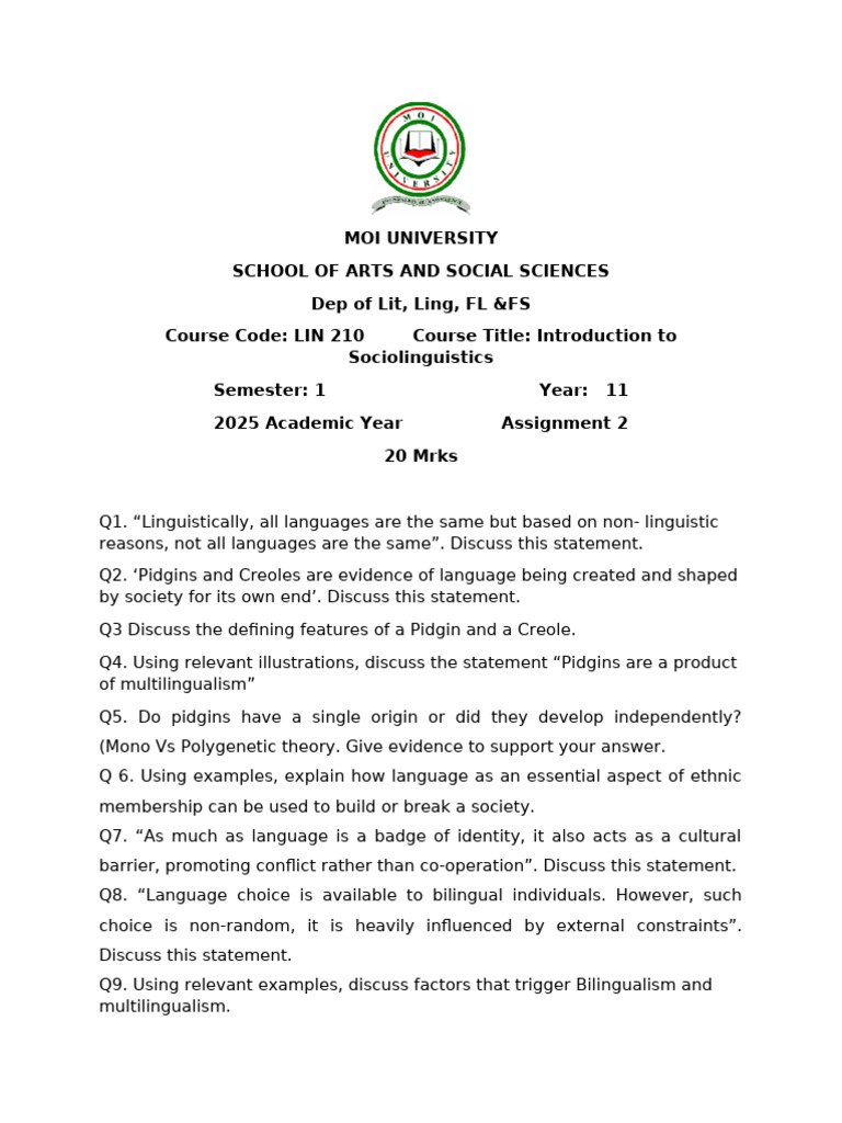 LIN 210 Assignment 2 2025 | PDF | Multilingualism | Communication