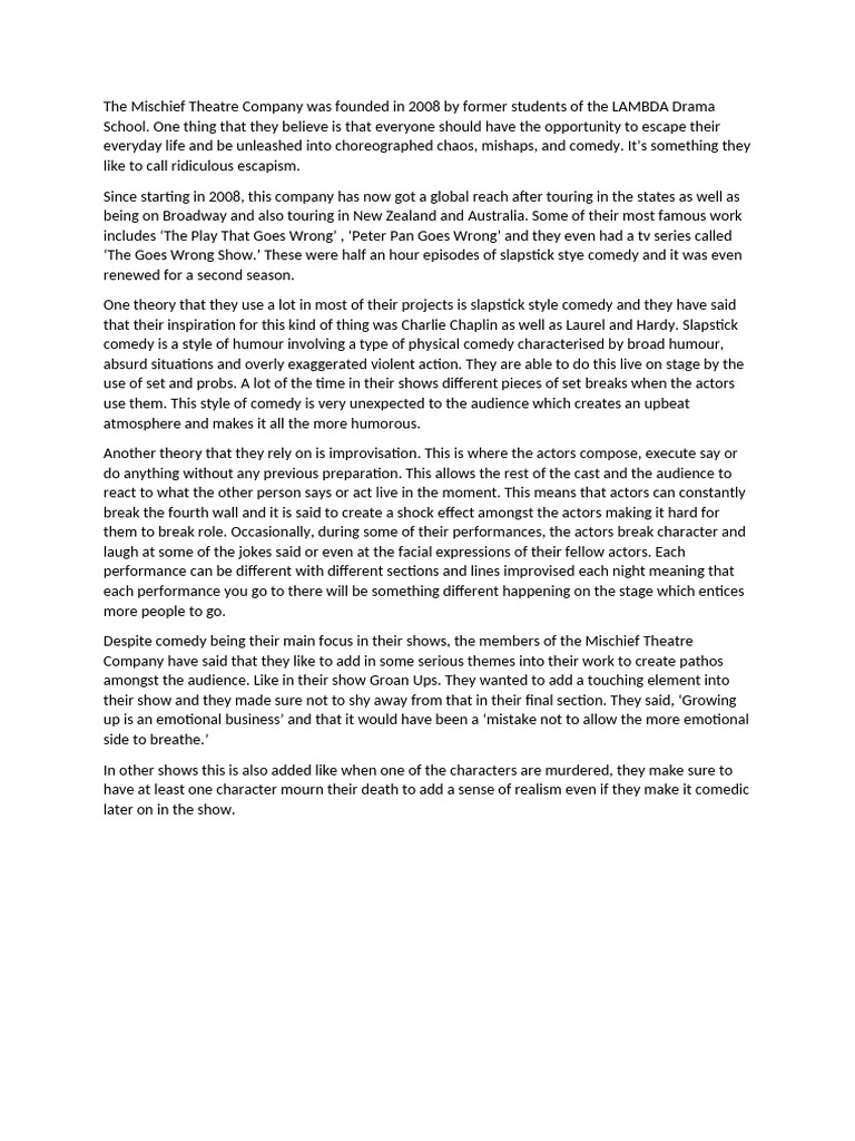 Mischief Theatre Company Overview | PDF | Comedy | Theatre