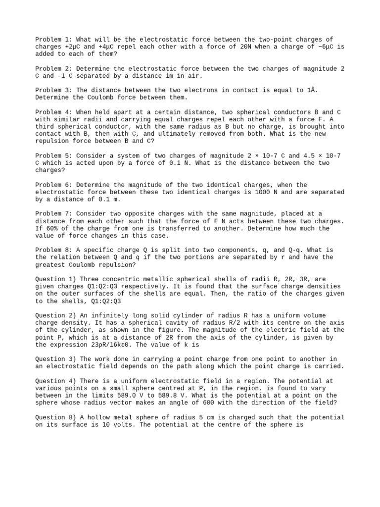 Coulomb's Law in Electrostatics Practice Questions | PDF | Sphere ...
