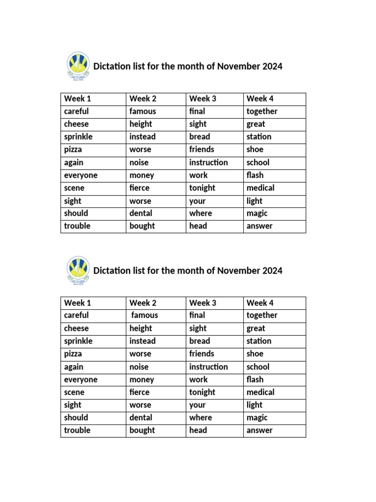 November 2024 Dictation List | PDF | Cheese | Dairy Products