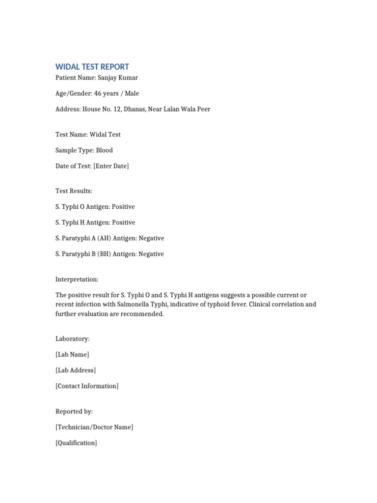 Positive Widal Test Report for Typhoid | PDF