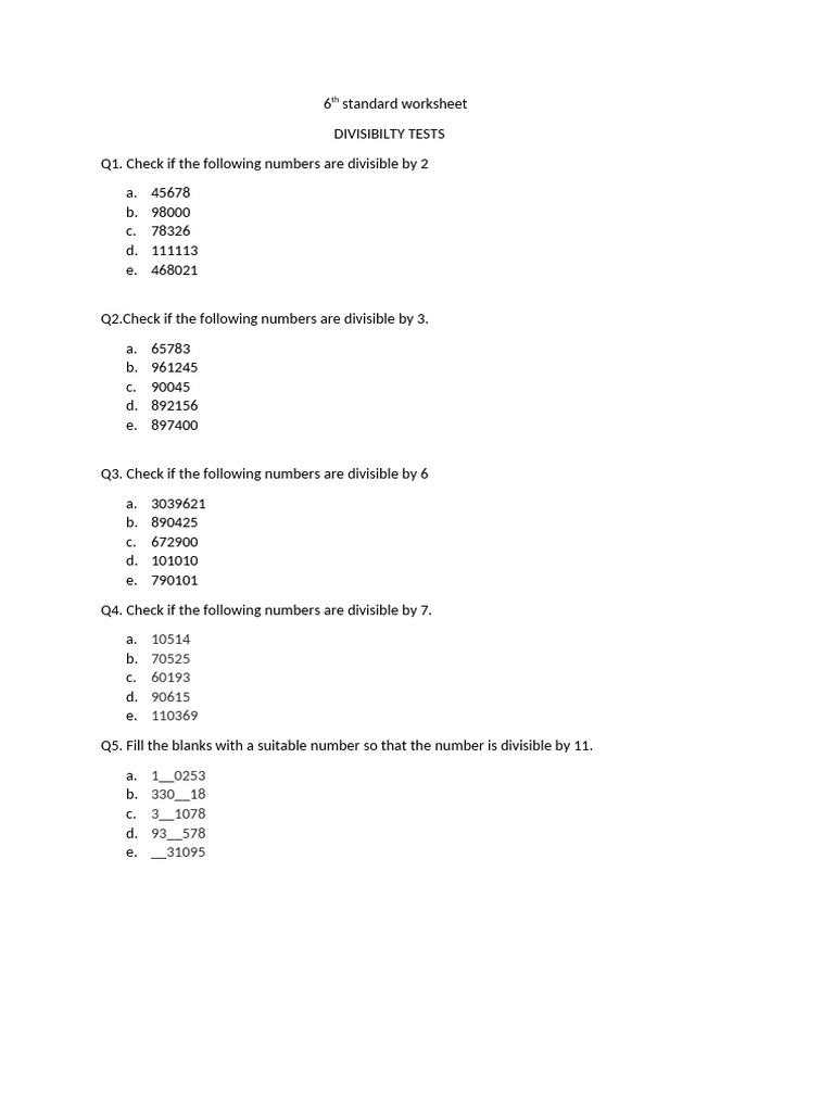 6th Standard Worksheet | PDF