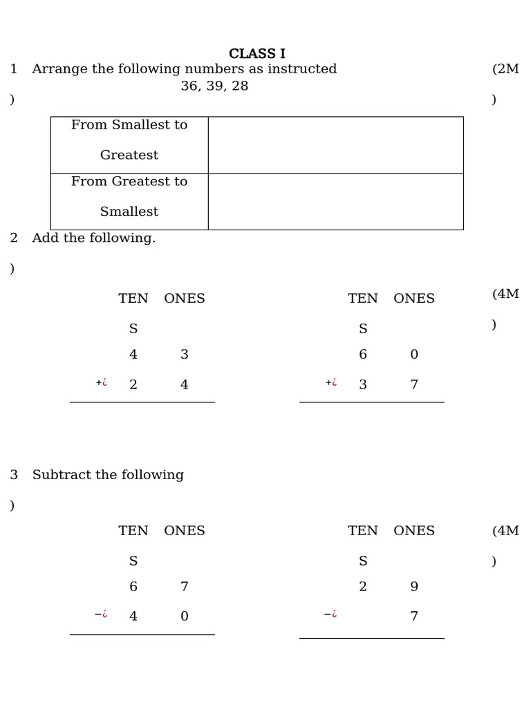 Class 1 Practice Worksheet | PDF