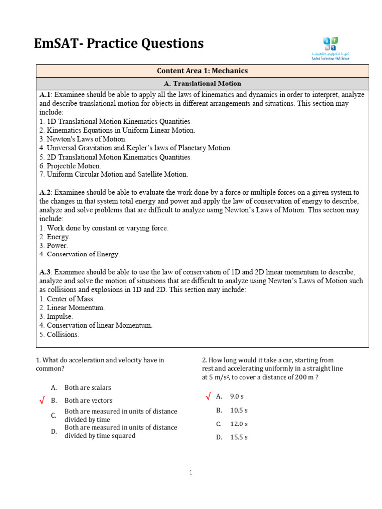 EMSAT Practice Questions - AK | PDF | Rotation Around A Fixed Axis ...