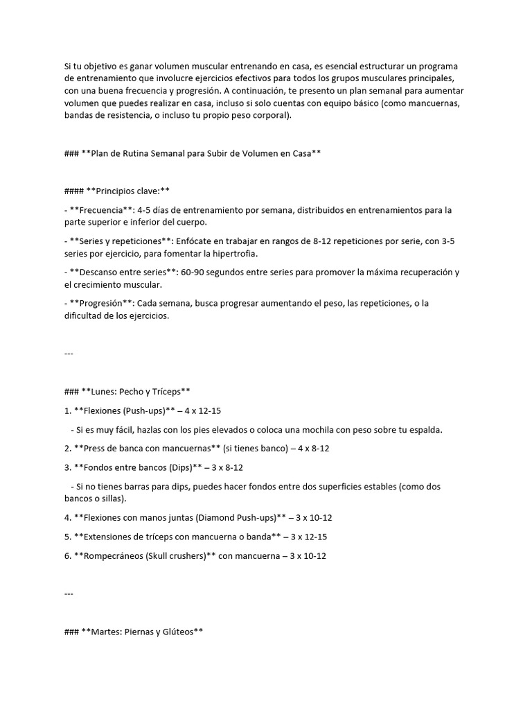 Plan de Entrenamiento en Casa para Volumen | PDF | Ejercicio físico ...