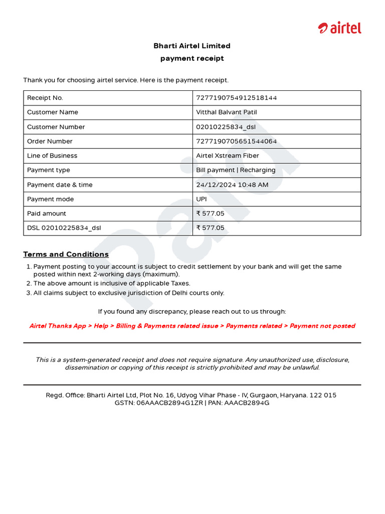 Airtel Xstream Fiber Payment Receipt | PDF