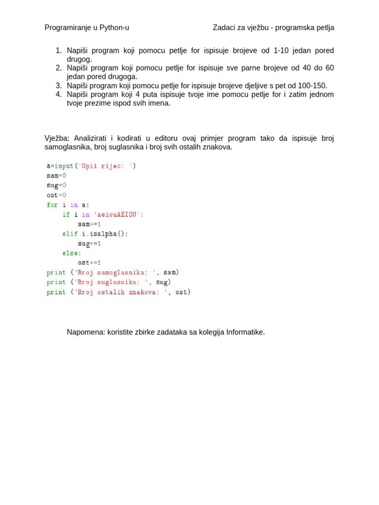 for petlja vježba | PDF