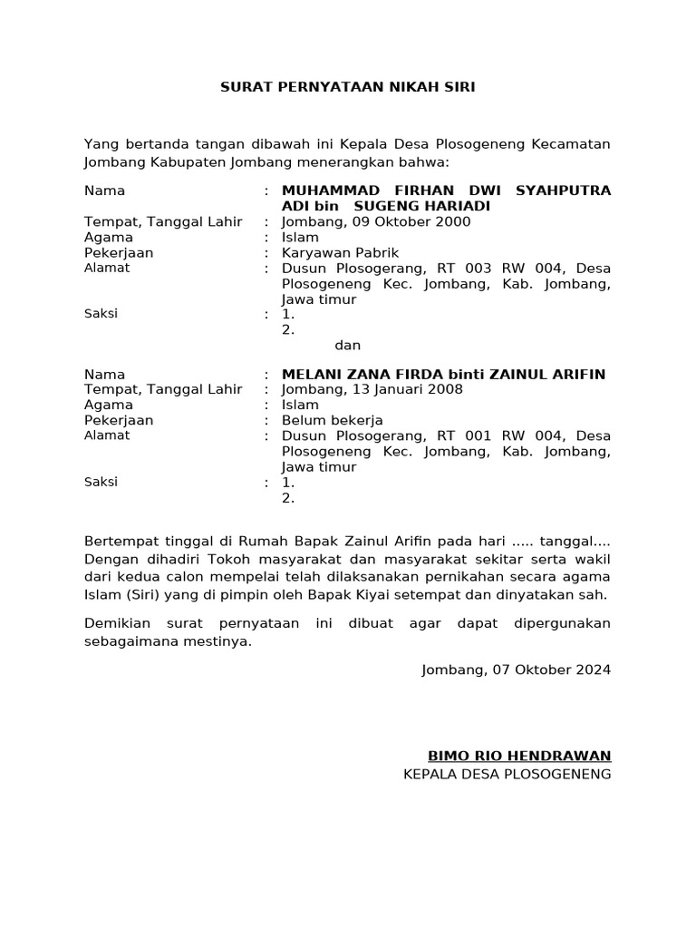 Surat Pernyataan Nikah Siri | PDF