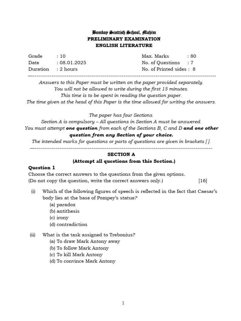 Gr 10 Eng 2 Prelim 25 QP BSS | PDF | Mark Antony