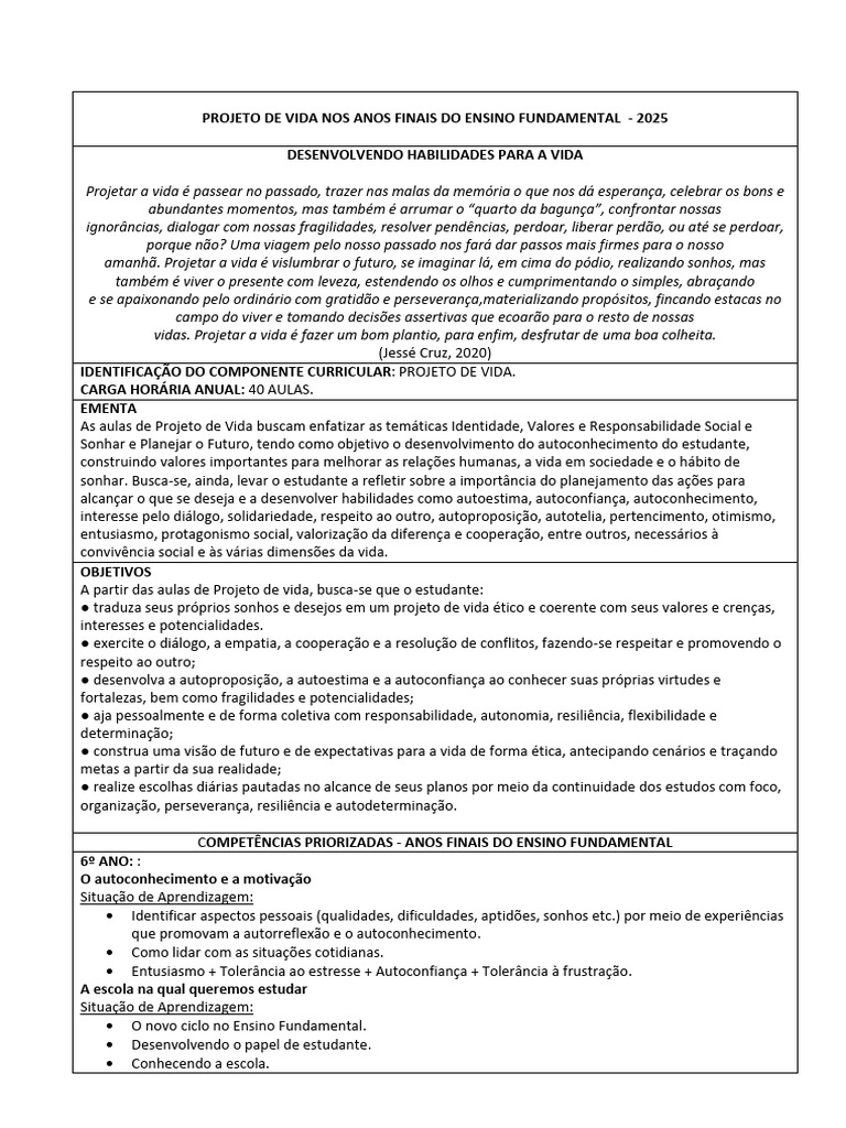 Ementa Projeto de Vida - 2025 | PDF | Aprendizado | Resiliência psicológica