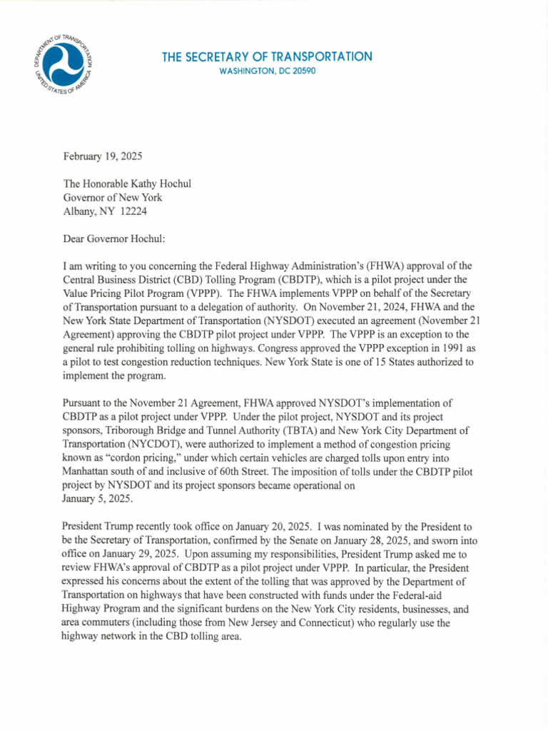 U.S. Department of Transportation Terminates Tolling Approval For New ...