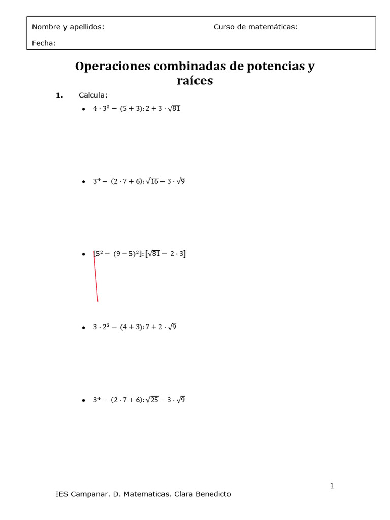 Operaciones Combinadas de Potencias y Raíces (1) | PDF