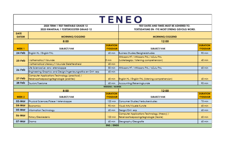 T1 Test Timetable - 250203 - 134115 | PDF