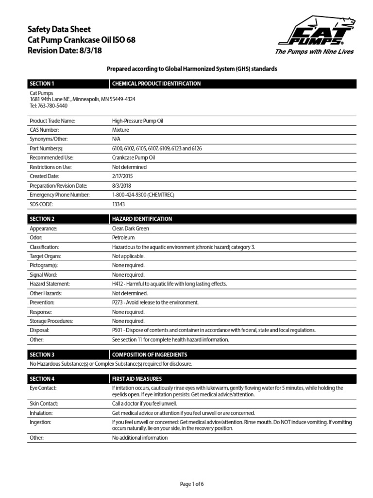 Cat Pump Crankcase Oil ISO 68 SDS | PDF | Combustion | Firefighting