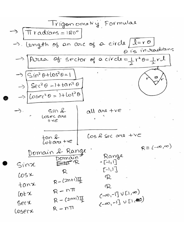 Trigonometry Formulae Pdf