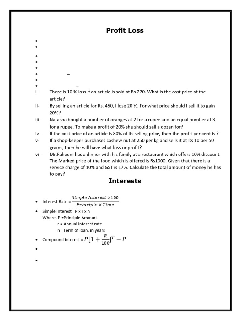 Profit Loss Rates, Interests | PDF