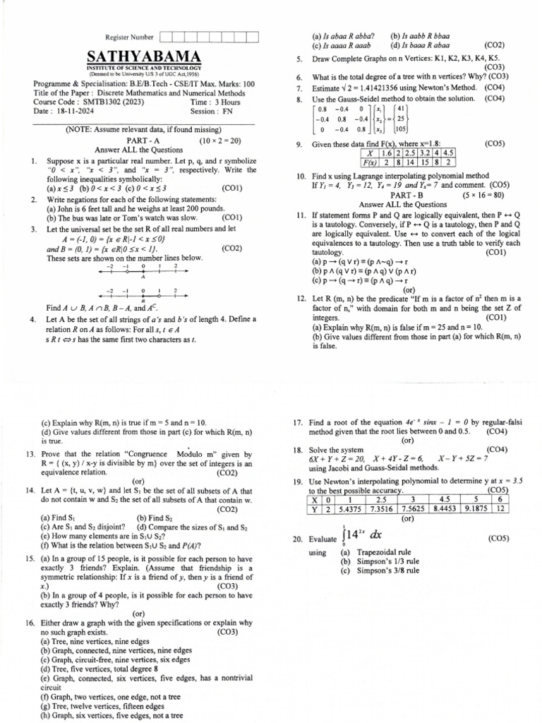 Smtb1302 Discrete Mathematics and Numerical Methods | PDF