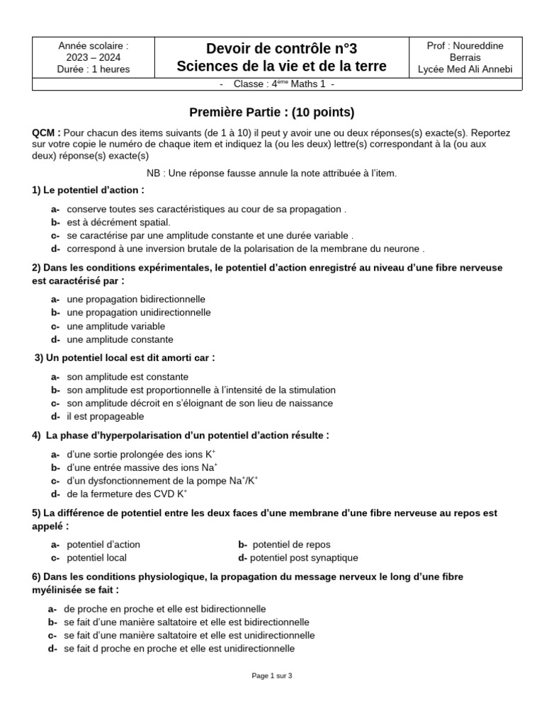 Devoir de contrôle en SVT 4ème Maths 1 | PDF | Potentiel d'action | Myéline