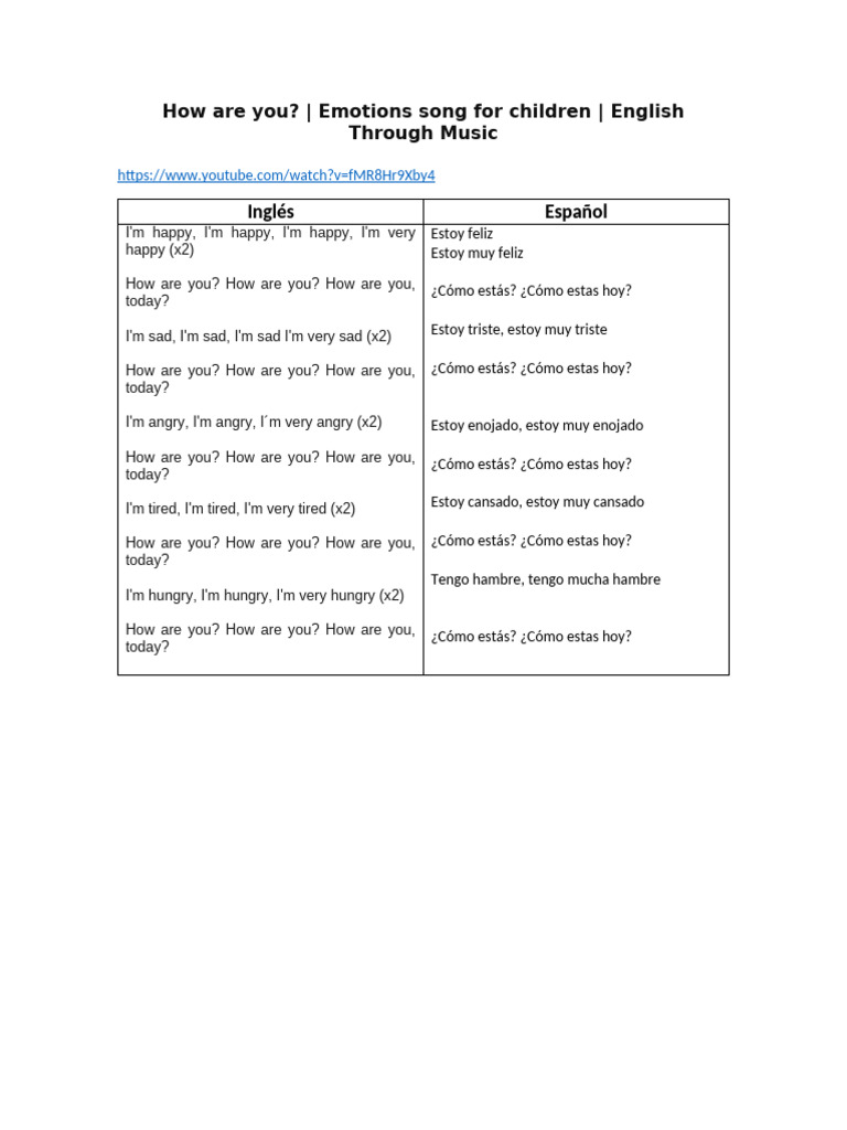Canción "How Are You" para Niños | PDF