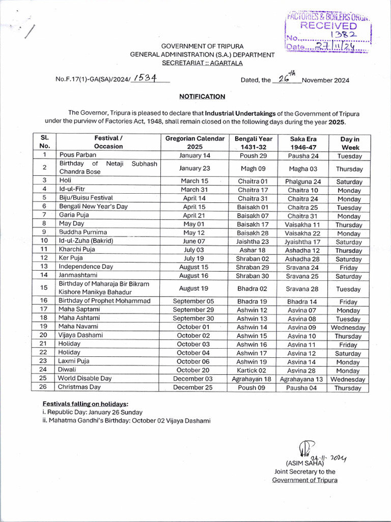 Tripura Holiday List | PDF