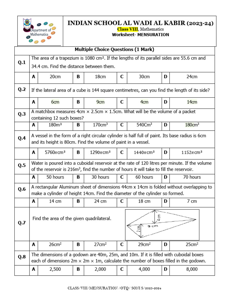 CL - 8 - WS3 - Mensuration - Otq and Case Study - Sonis - 2023-24 | PDF | Volume | Area