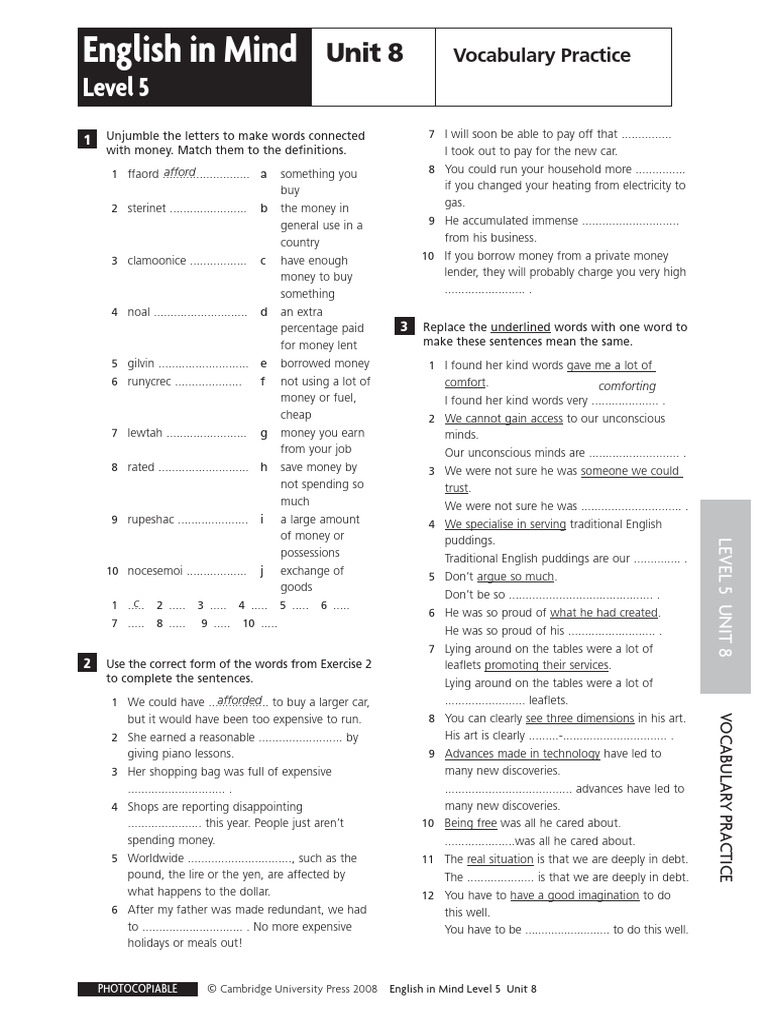 english-in-mind-level5-advanced-unit8-vocabulary-worksheet | PDF | Money | Economies