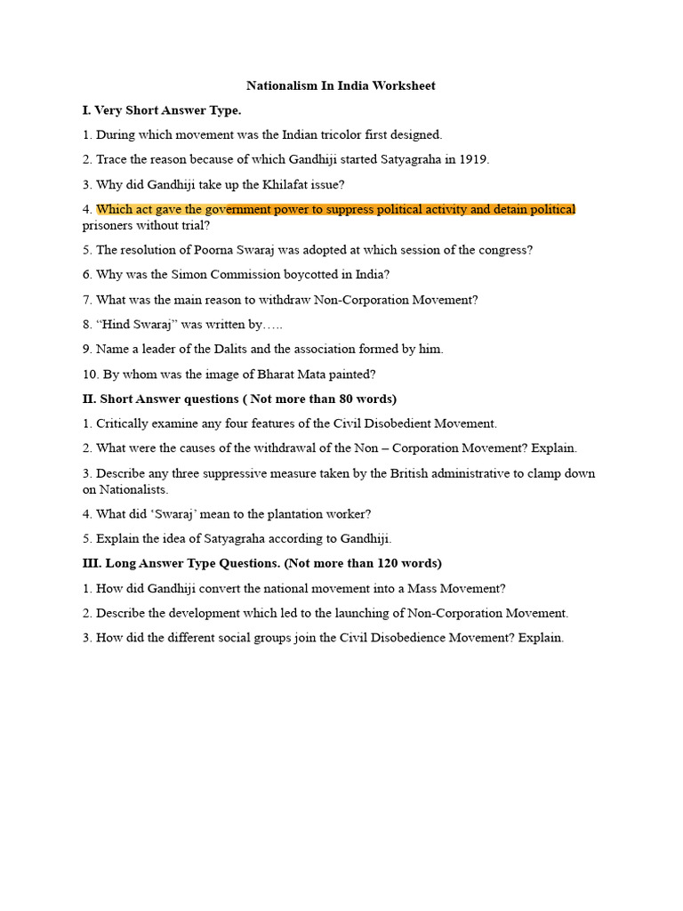 Nationalism in India Worksheet | PDF