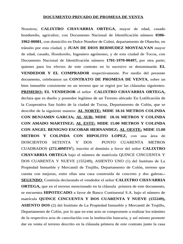 Documento Privado de Promesa de Venta de Un Inmueble de Calixtro ...