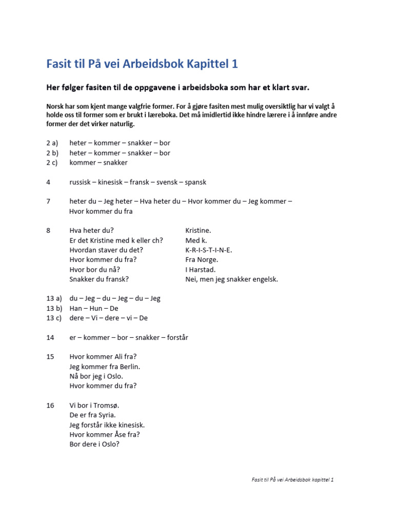 Fasit Til P Vei Arbeidsbok Kapittel 1 | PDF