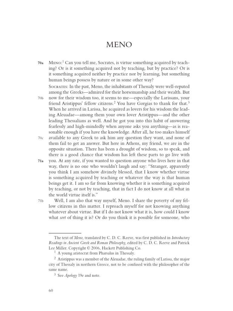 Plato's Meno Reading | PDF | Socrates | Classical Greek Philosophy