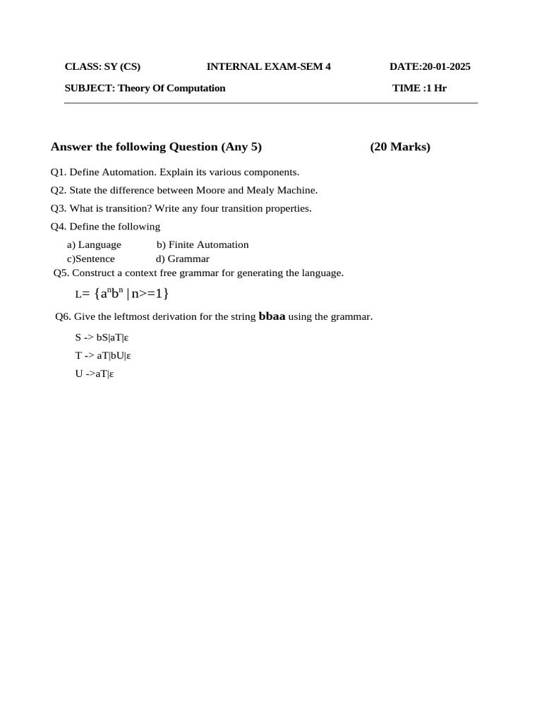 Theory of Computation QP | PDF