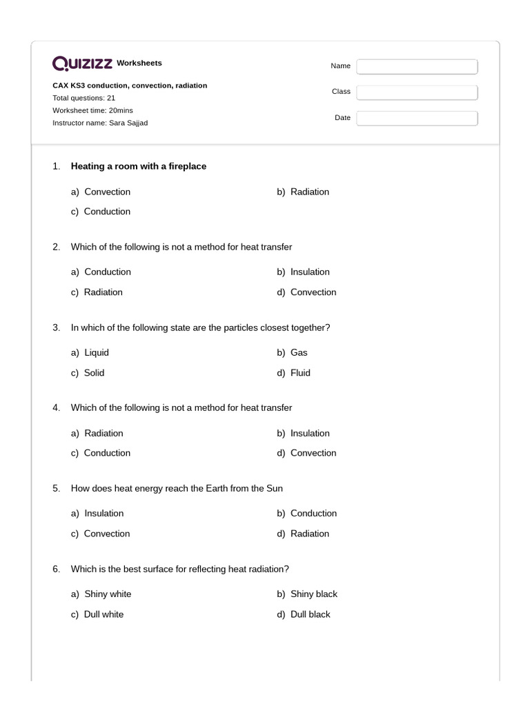 KS3 Heat Transfer Worksheet | PDF | Heat Transfer | Convection