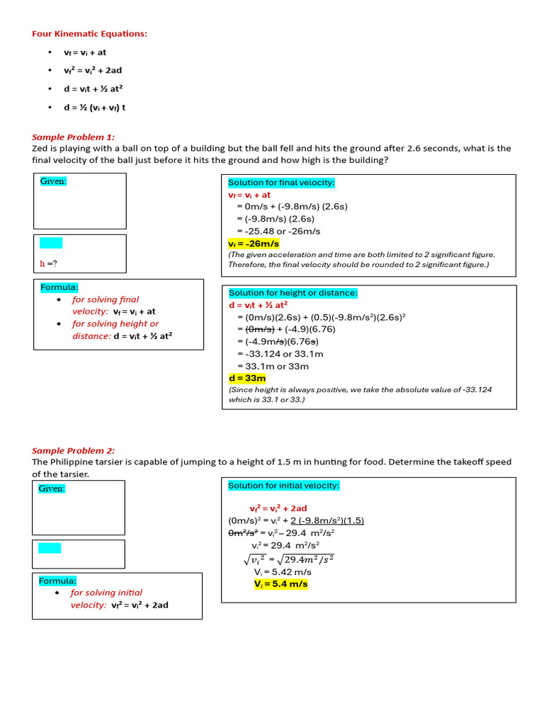 Four Kinematic Equations Examples | PDF | Velocity | Kinematics