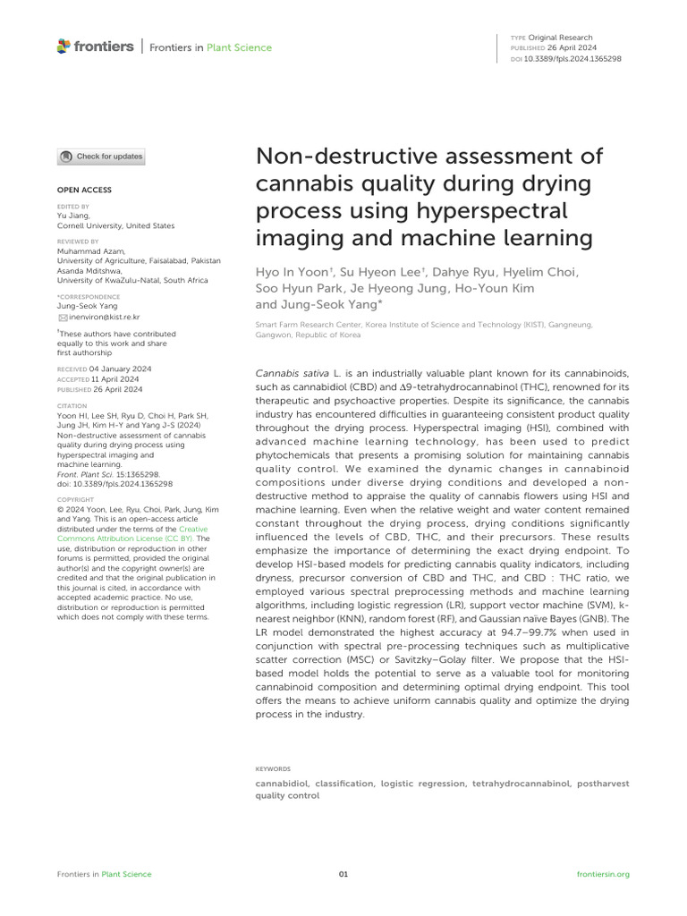 Non-Destructive Assessment of Cannabis Quality During Drying Process Using Hyperspectral Imaging ...