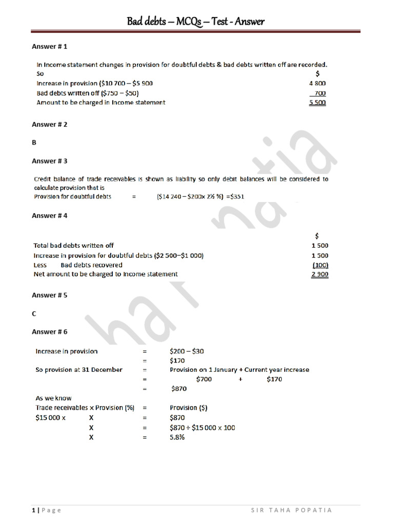Bad Debts MCQS Test - Answer | PDF