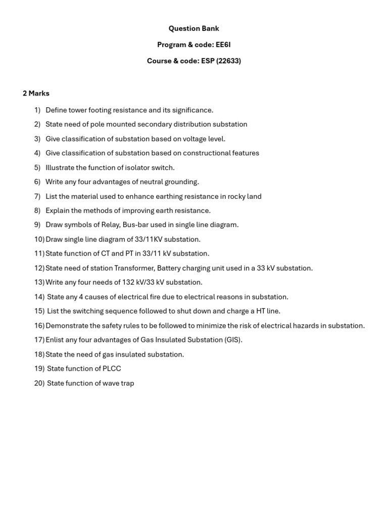 ESP Question Bank | PDF | Transformer | Electricity