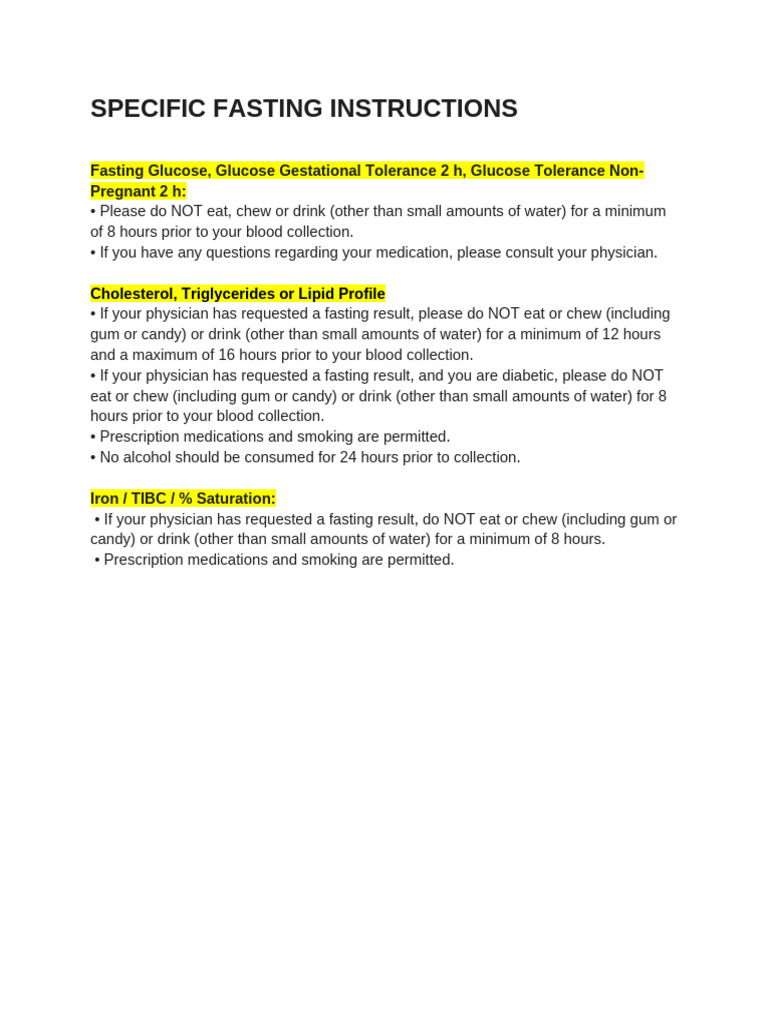 Fasting Guidelines for Blood Tests | PDF