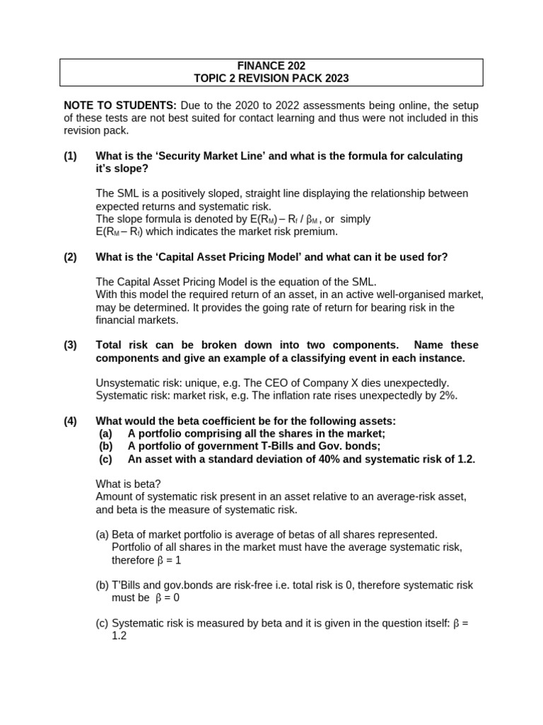 2024 FINA202 Topic 2 Revision | PDF | Capital Asset Pricing Model ...