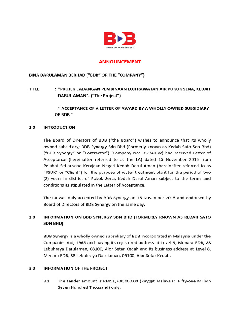 BDB Awarded Water Treatment Project in Kedah | PDF | Sales | Malaysia