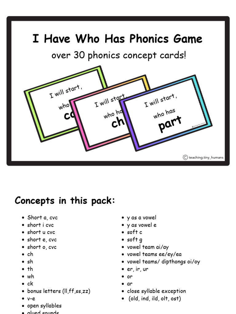 I Have Who Has Phonics Game: Over 30 Phonics Concept Cards! | PDF