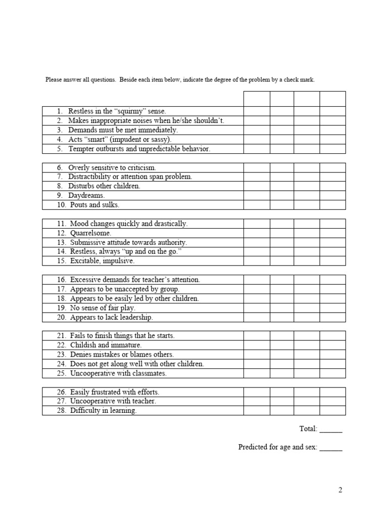 Connors Teacher Questionnaire | PDF