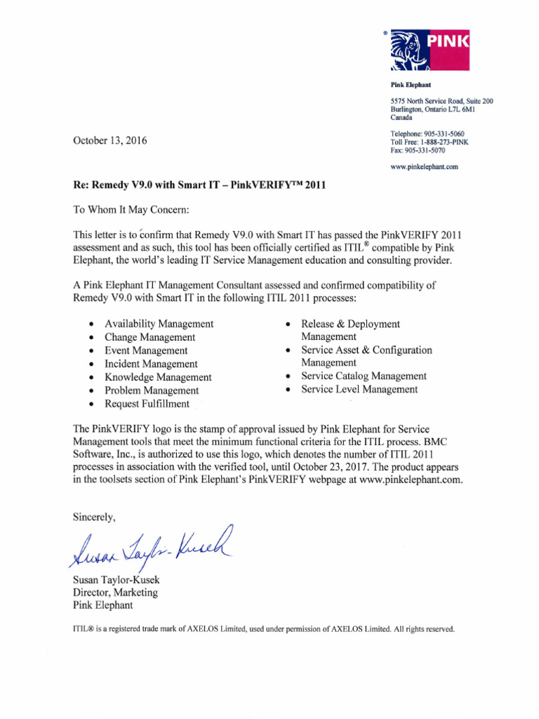 BMC Remedy 9 With Smart IT PinkVERIFY 2011 Certification Letter | PDF