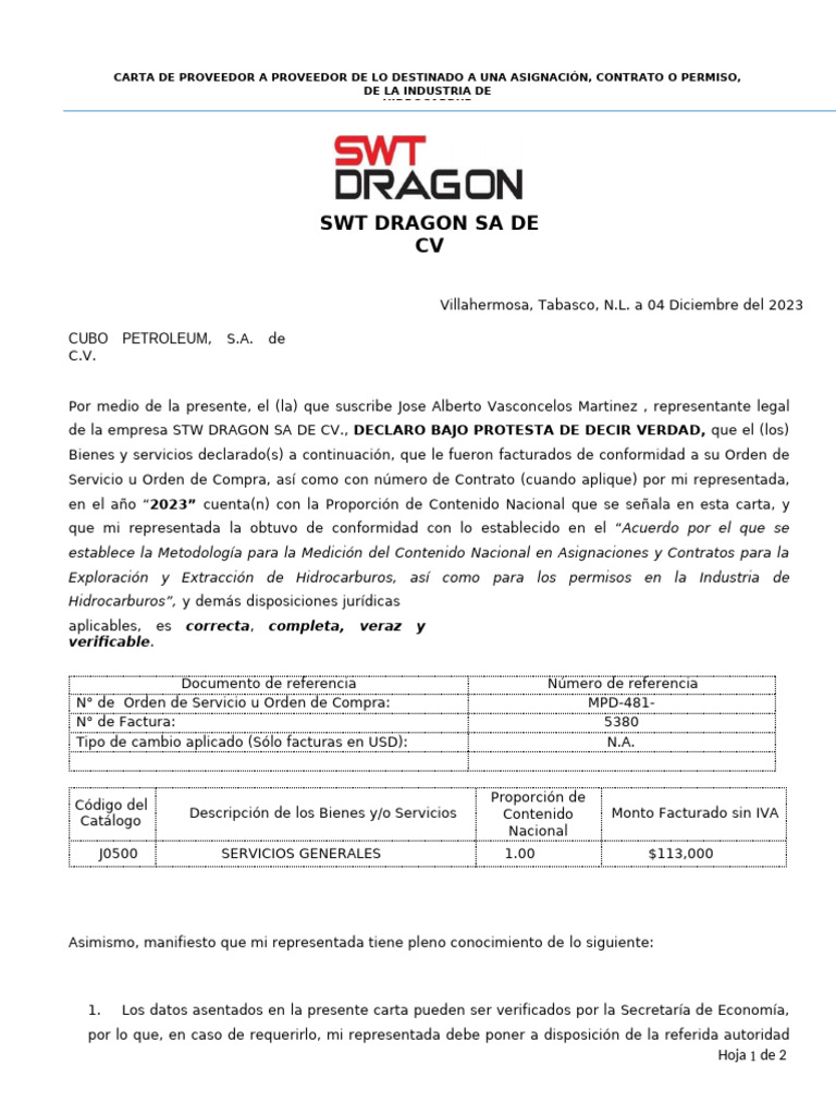 Modelo Carta Contenido Nacional Machote | PDF