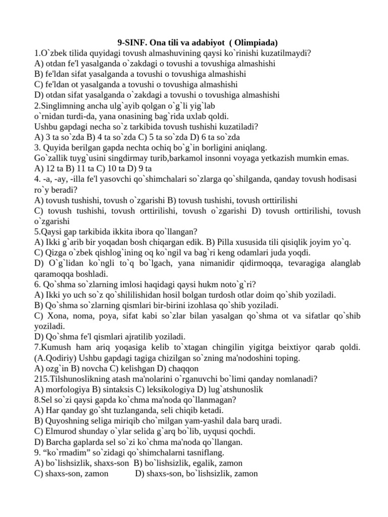 9 Sinf Olimpiada Ona Tili Yangi Baxtiyoruz | PDF