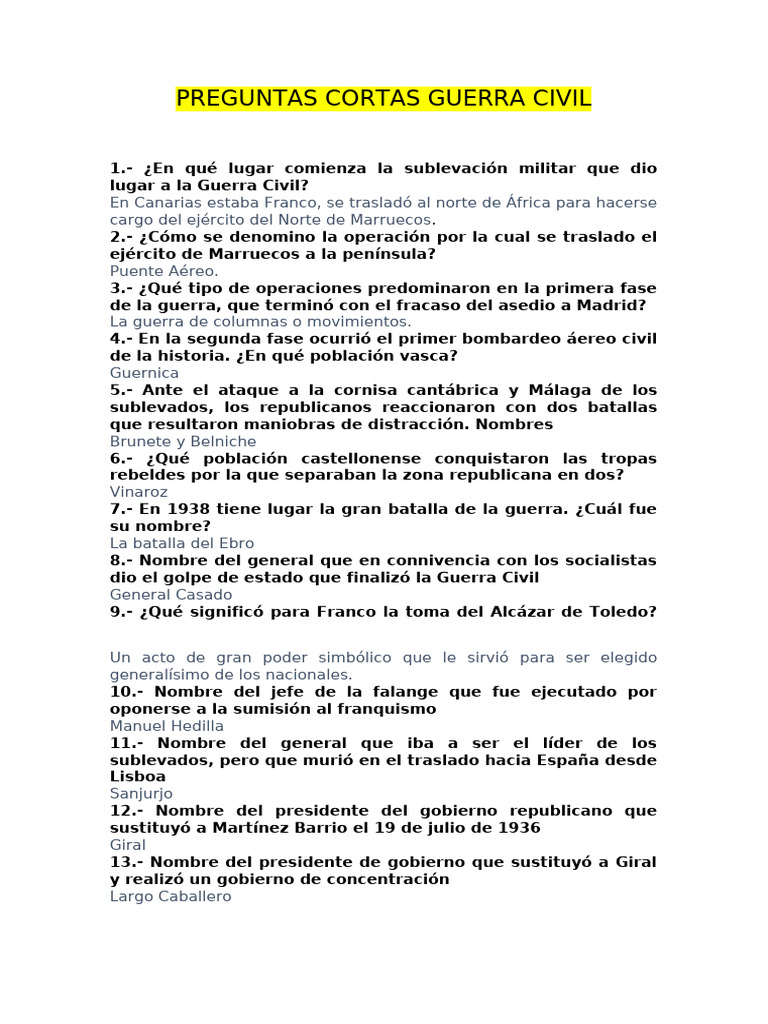 Preguntas Clave sobre la Guerra Civil y Franquismo | PDF | guerra civil ...