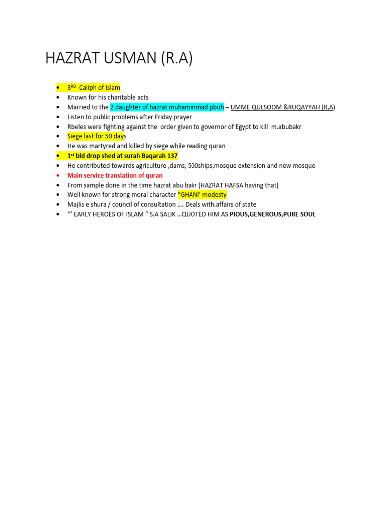 Hazrat Usman R, A | PDF