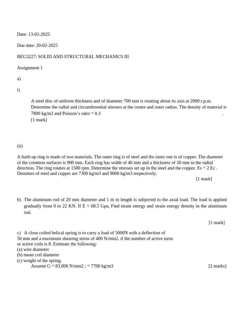 EMT 2305 Solid and Structural Mechanics III Assign. 1 | PDF